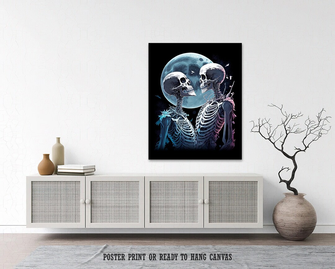 Skeleton Couple Art Print, Gothic Romantic Moon Skull, Love Wall Decor ...