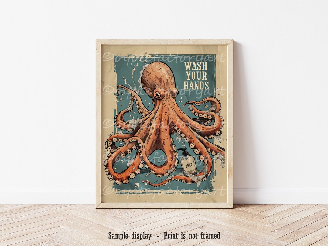 Octopus Wash Your Hands Funny Bathroom Rules Poster Print or Canvas ...