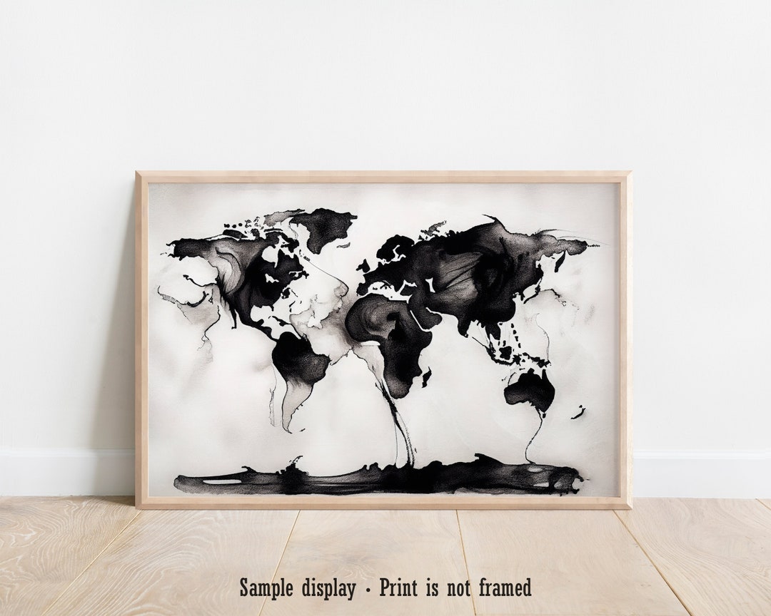 World Map Sumi-e Painting Poster Print or Canvas Wrapped, Monochrome ...