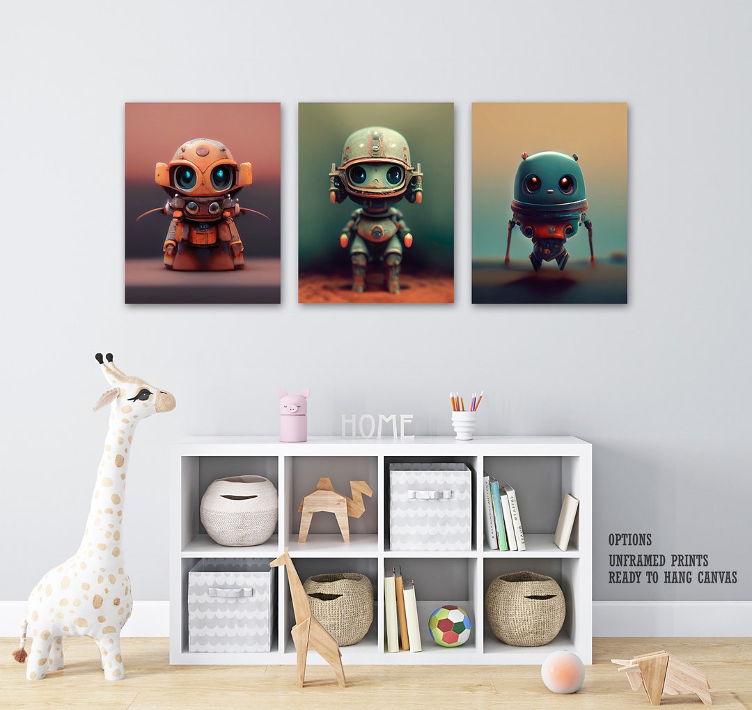 Retro Nursery Cute Robot Decor Set of 3 Prints or Canvas, Children Wall ...