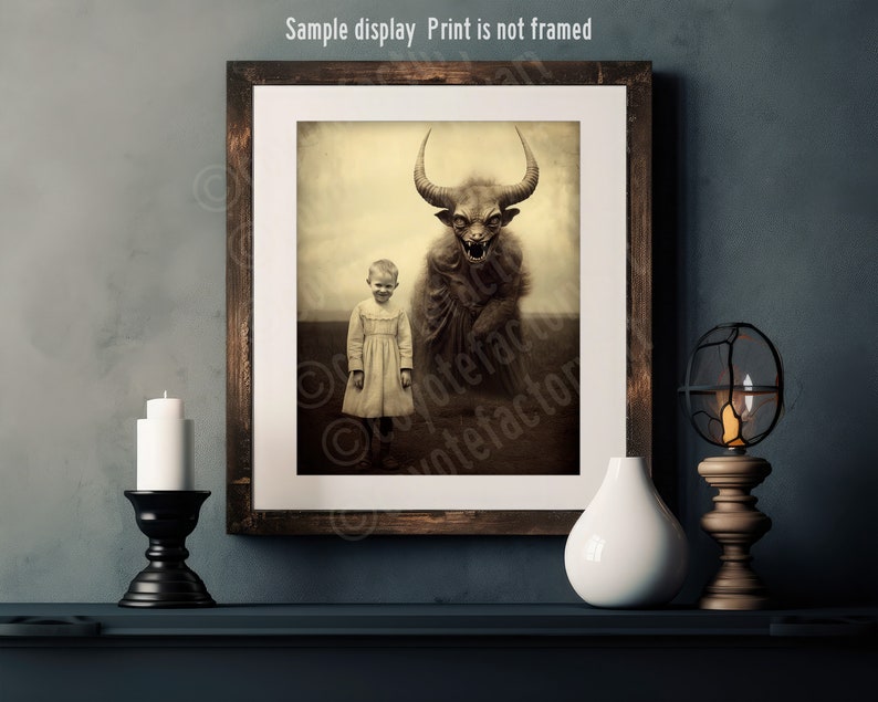 Child and Creepy Monster, Odd Vintage Weird Devil, Retro Disturbing ...