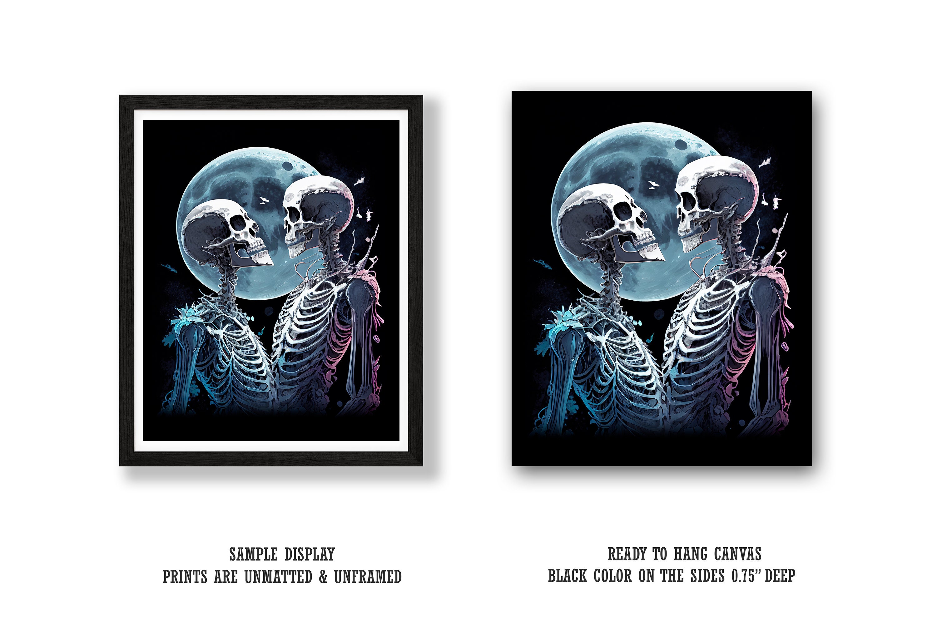 Skeleton Couple Art Print, Gothic Romantic Moon Skull, Love Wall Decor ...