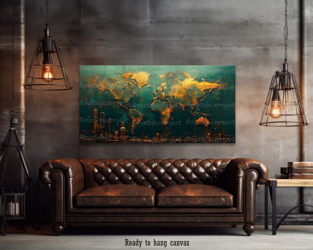 Steampunk Industrial World Map Canvas Wall Art, Living Room Decor ...