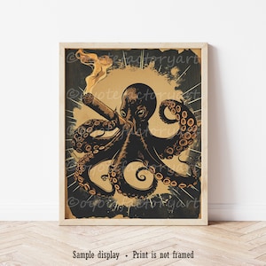 Octopus Smoking Cigar Poster Print or Canvas, Cigar Lover Gift, Funny ...