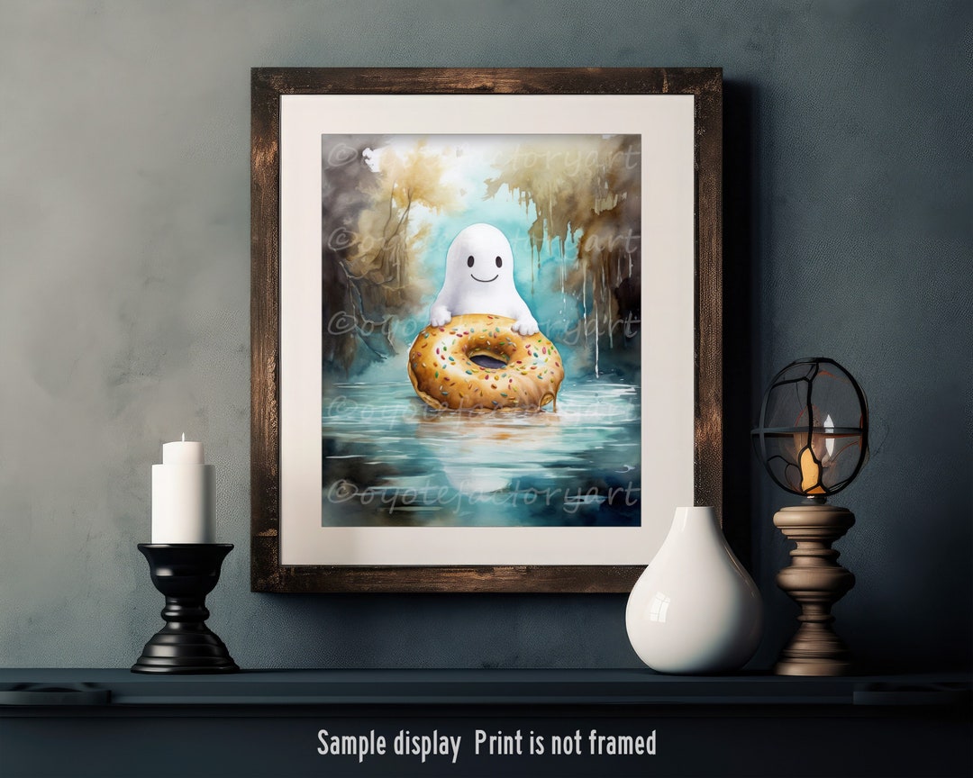 Cute Ghost With a Donut in a River, Watercolor Painting Poster Print or ...