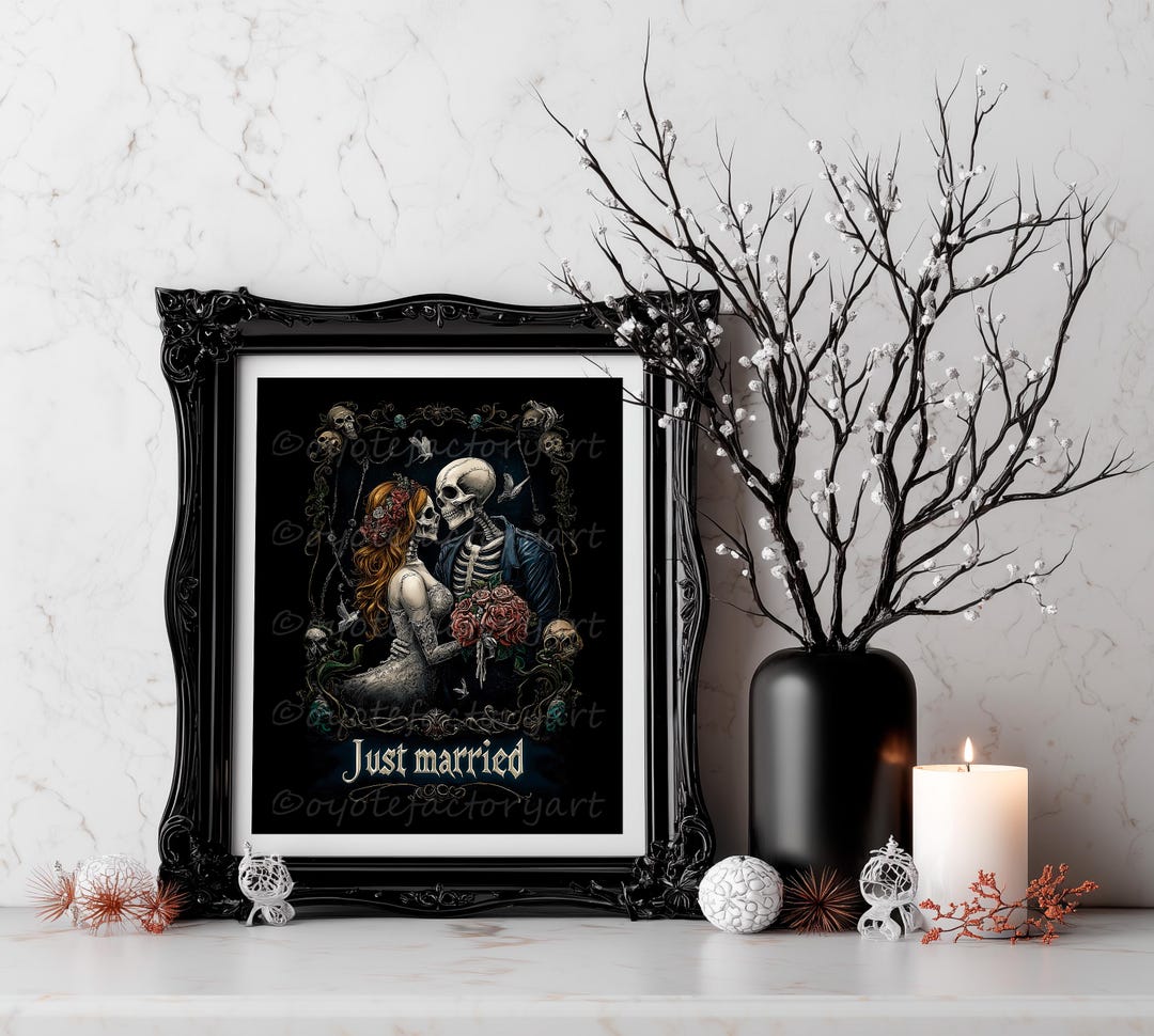 Just Married, Wedding Skeleton Couple Gothic Print or Canvas, Macabre ...