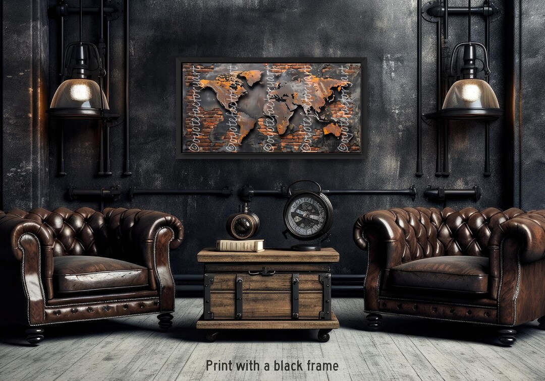 Industrial World Map Giclee Print, Grey Brown Wall Decor, Abstract ...