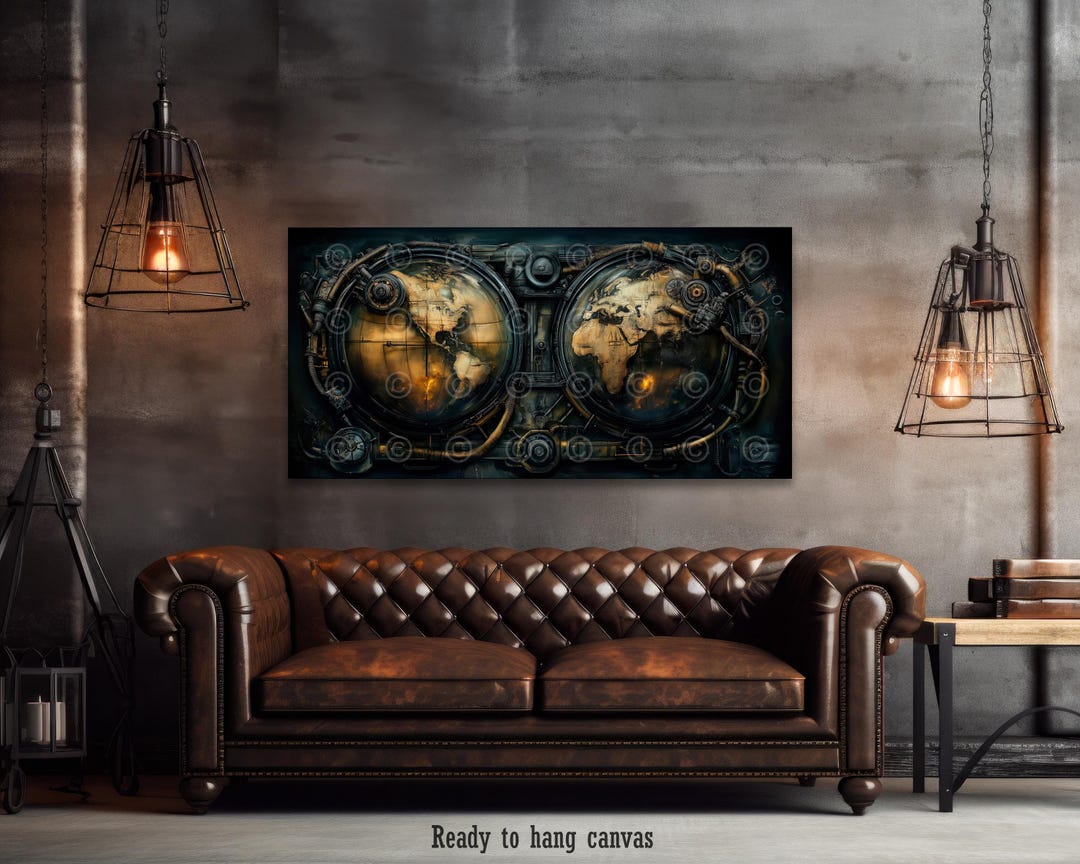 Steampunk Industrial World Map Canvas Wall Art, Retro Antique Map ...