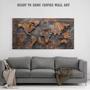 Industrial World Map Canvas Wall Art, Grey Brown Wall Decor, Abstract ...