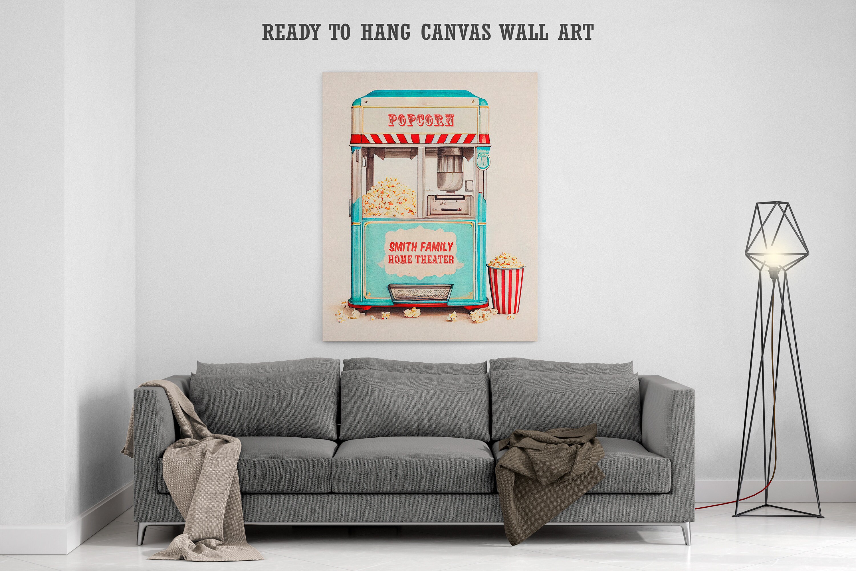 Personalized Retro Popcorn Machine Watercolor Print, Home Theater Decor ...