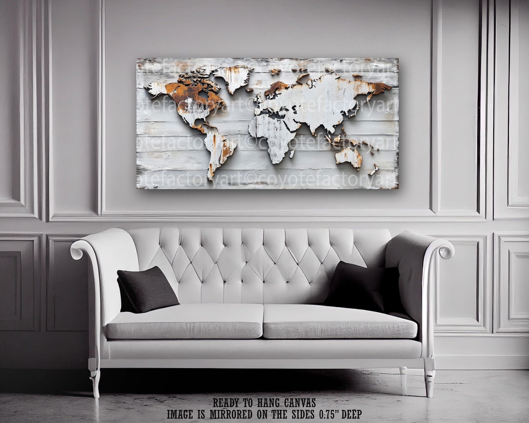 Rustic World Map Canvas Wall Art, Rusty Wall Decor, Abstract Modern ...