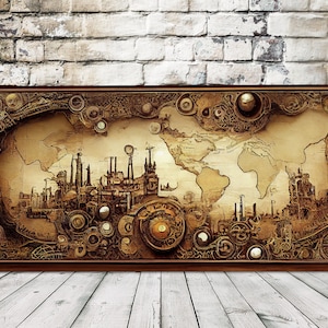 Steampunk World Map Canvas Wall Art, Gift for Dad, Unique Industrial ...