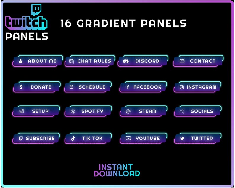 16 Twitch Panels Pack Pink Blue Neon Panels Clean Gradient Panels Instant Download / Ready to ...