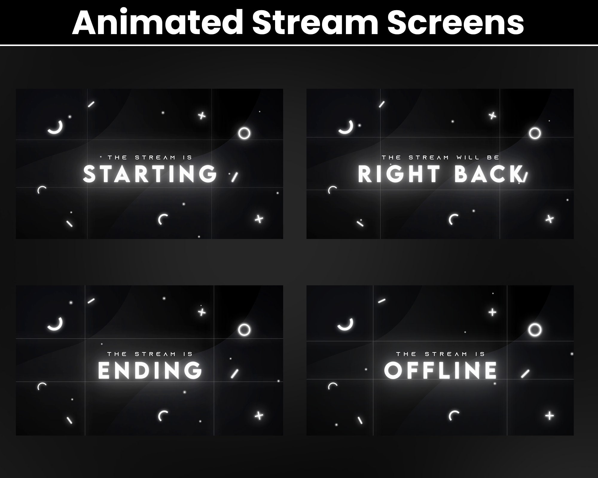 Animated Black & White Twitch Overlay Package, Dark Theme Stream ...