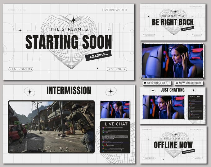 White and Black Animated Twitch Overlays, Clean Aesthetic Stream ...