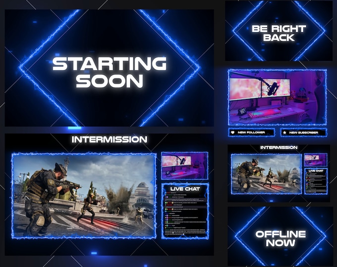 Neon Blue Animated Overlays Glowing Theme Streaming Pack / Twitch Pack ...