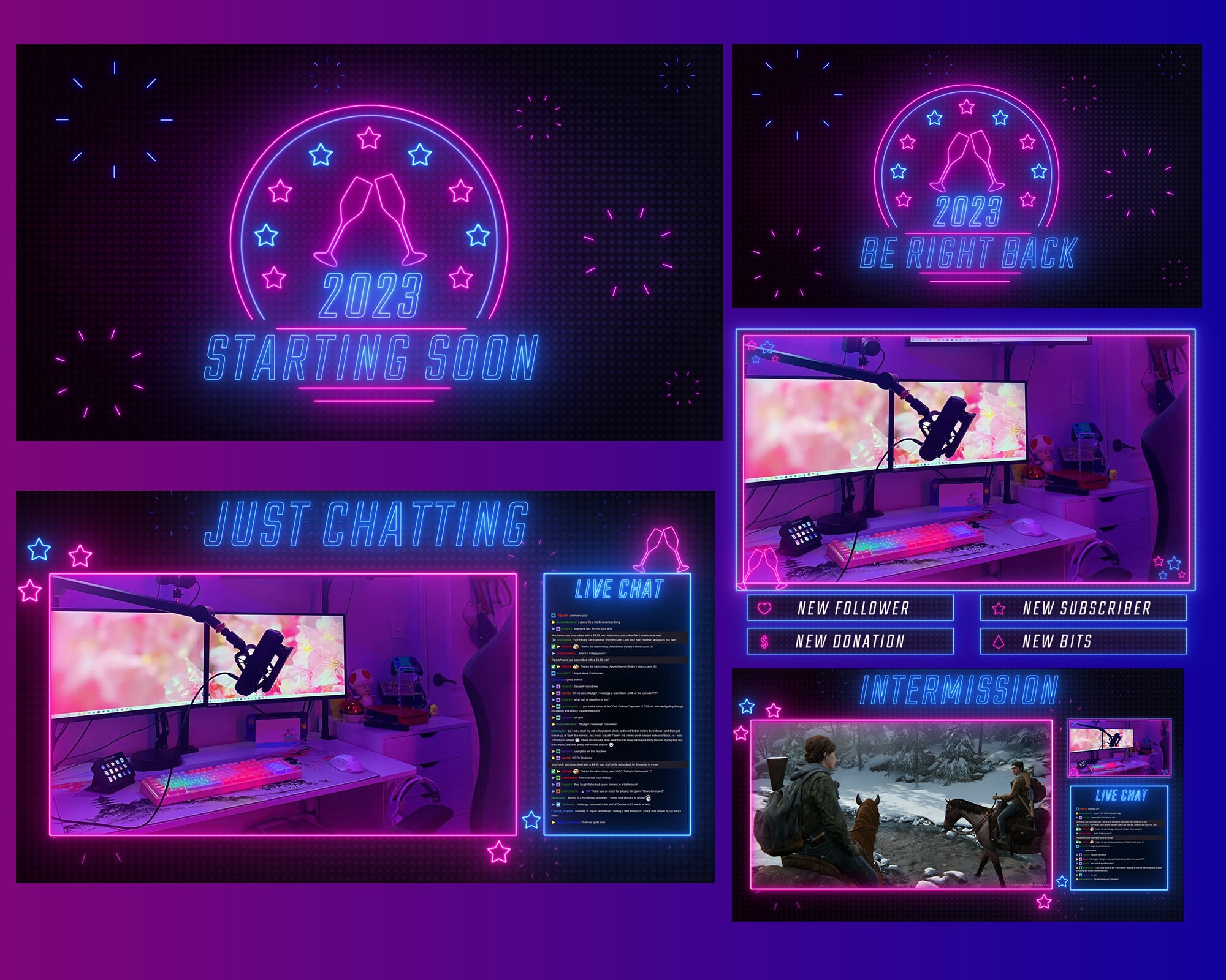 New Year Stream Overlays Animated Neon Pink Blue Twitch Pack - Etsy