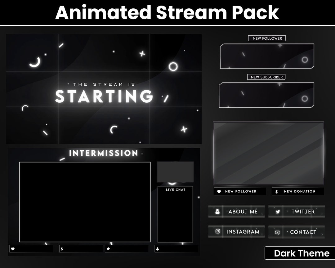 Animated Black & White Twitch Overlay Package, Dark Theme Stream ...