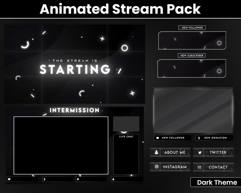 Animated Black & White Twitch Overlay Package, Dark Theme Stream ...