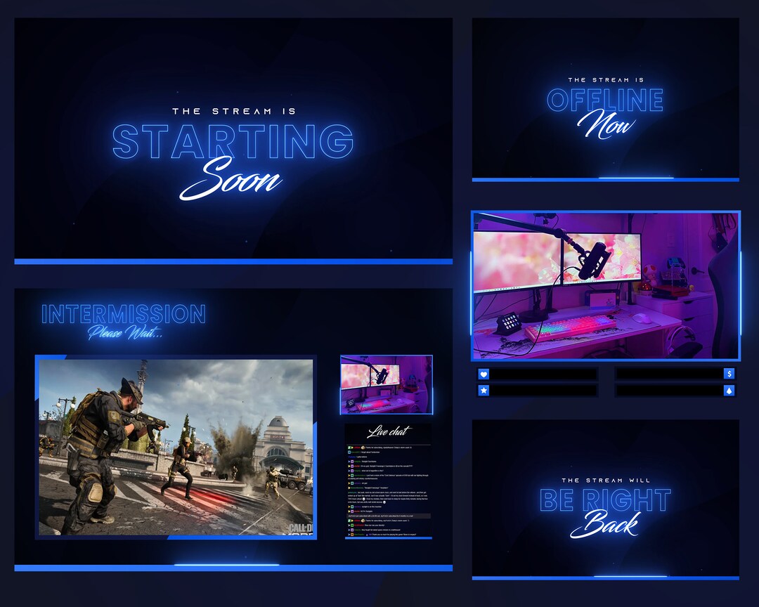 Stream Overlays Animated Neon Blue Twitch Pack, Clean Minimalistic ...