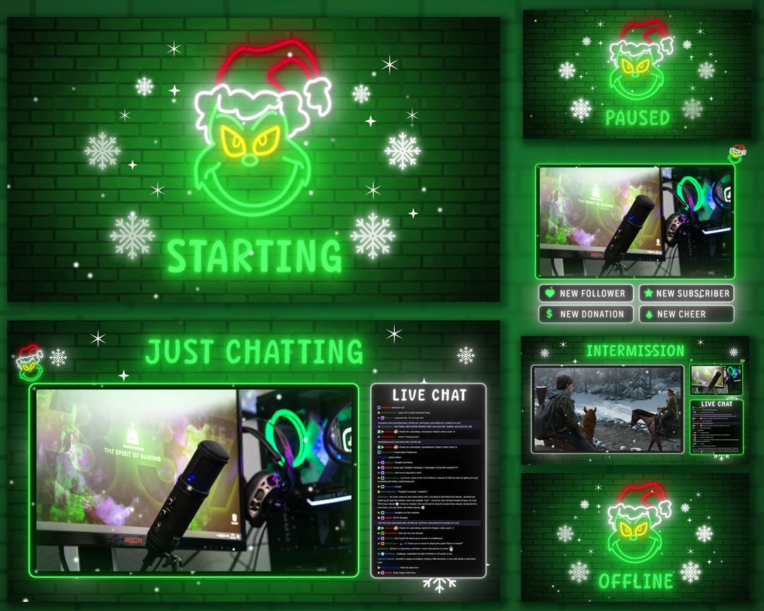 Grinch Twitch Overlays, Animated Black Green Twitch Pack, Christmas ...