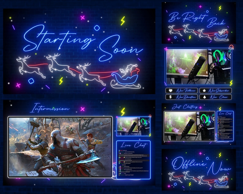 Christmas Stream Overlays, Animated Neon Blue Twitch Pack, Christmas ...