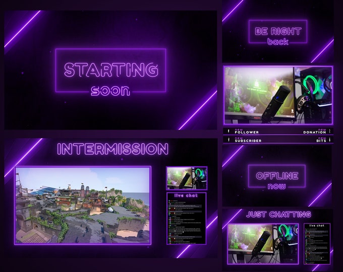 Neon Purple Animated Overlays, Animated Twitch Pack, Simple Stream ...