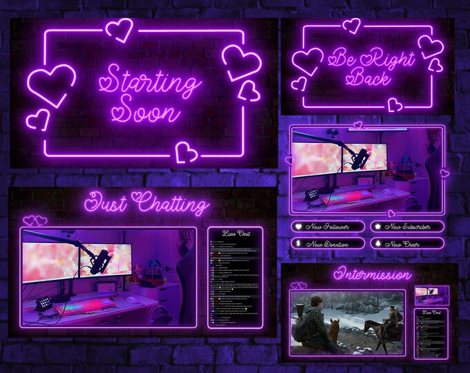 Valentine Neon Animated Overlay, Purple Hearts Twitch Overlay, Cute ...