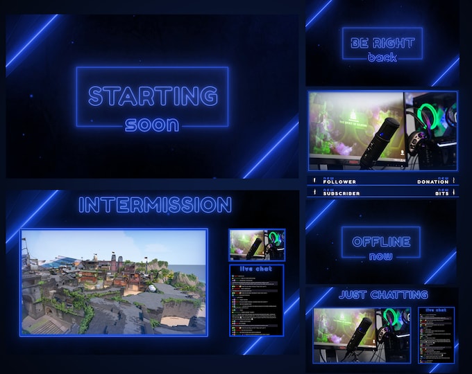 Neon Blue Animated Overlays, Animated Twitch Pack, Simple Stream ...