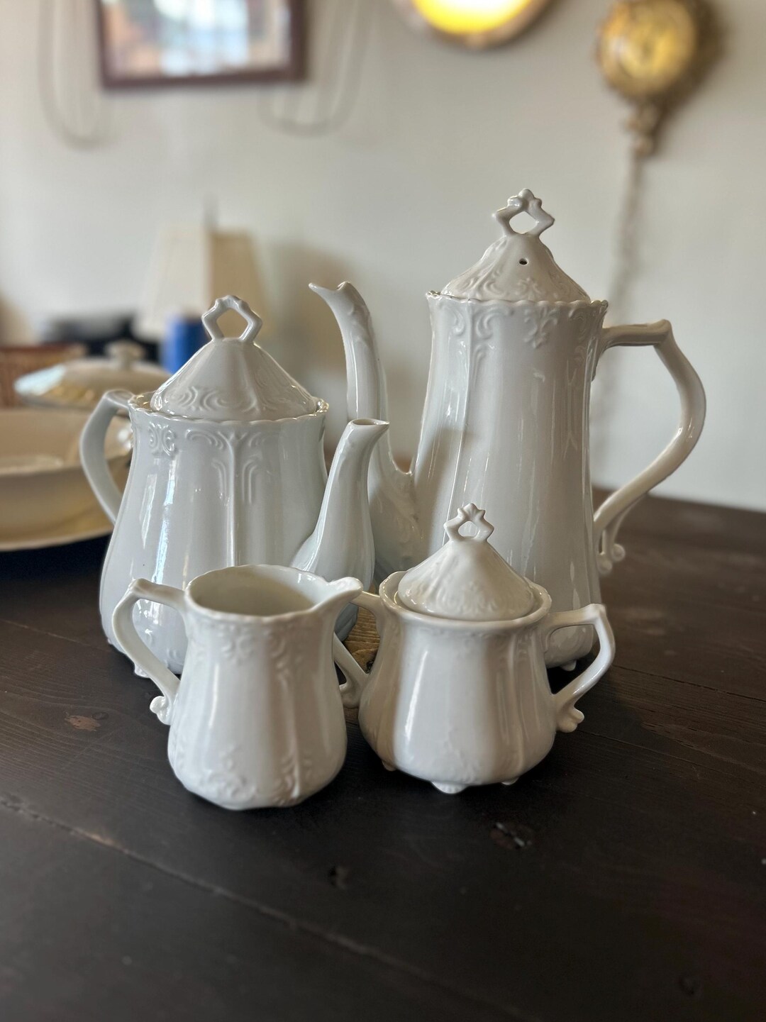 Vintage German White Ironstone Tea Set – 4 Piece Footed Victorian-style ...