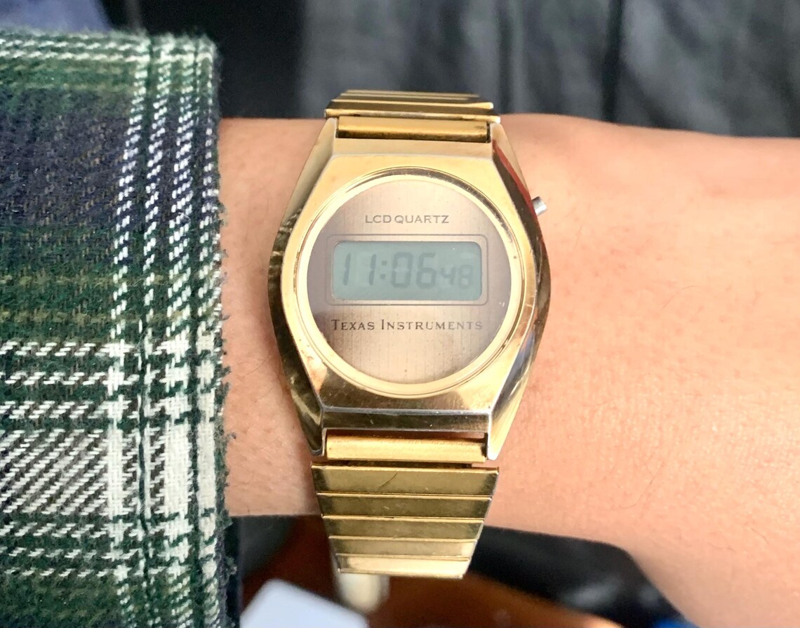 Vintage Texas Instruments LCD Quartz TI3H Gold Digital Watch Stainless ...