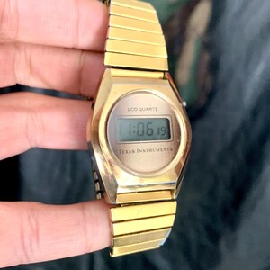 Vintage Texas Instruments LCD Quartz TI3H Gold Digital Watch Stainless ...