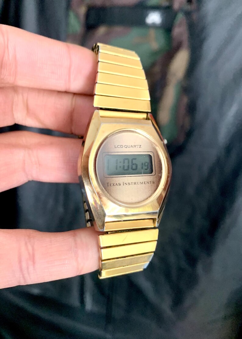 Vintage Texas Instruments LCD Quartz TI3H Gold Digital Watch Stainless ...