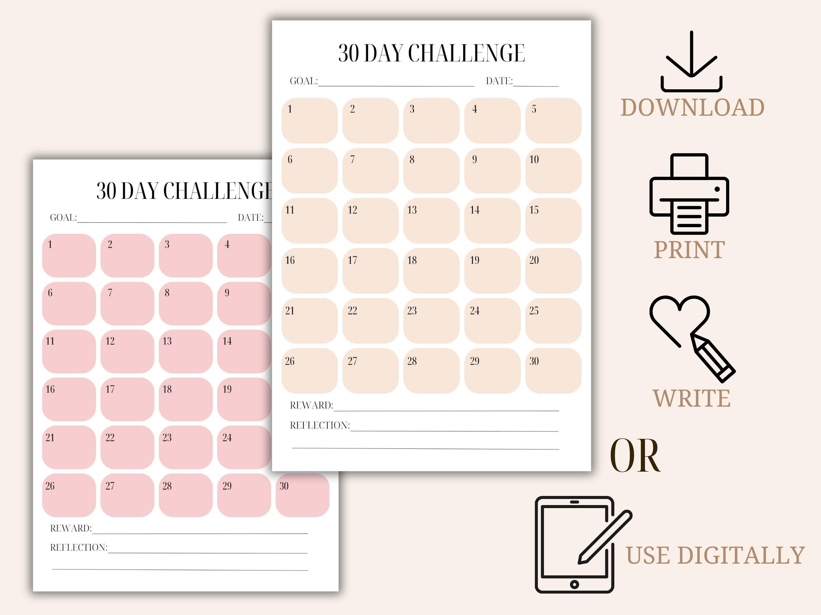30 Day Challenge Printable, Digital 30 Day Goal Planner, Productivity ...
