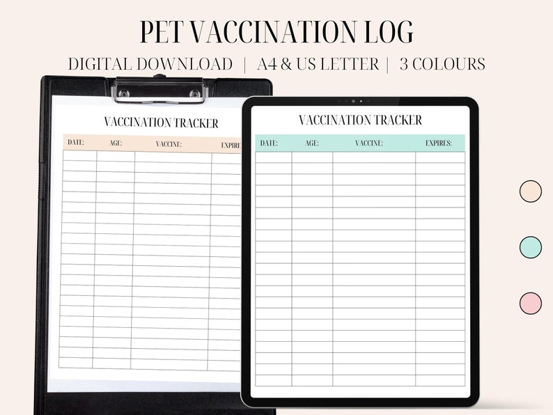 Pet Vaccination Log, Dog Vaccination Tracker, Pet Care Sheet, Printable ...