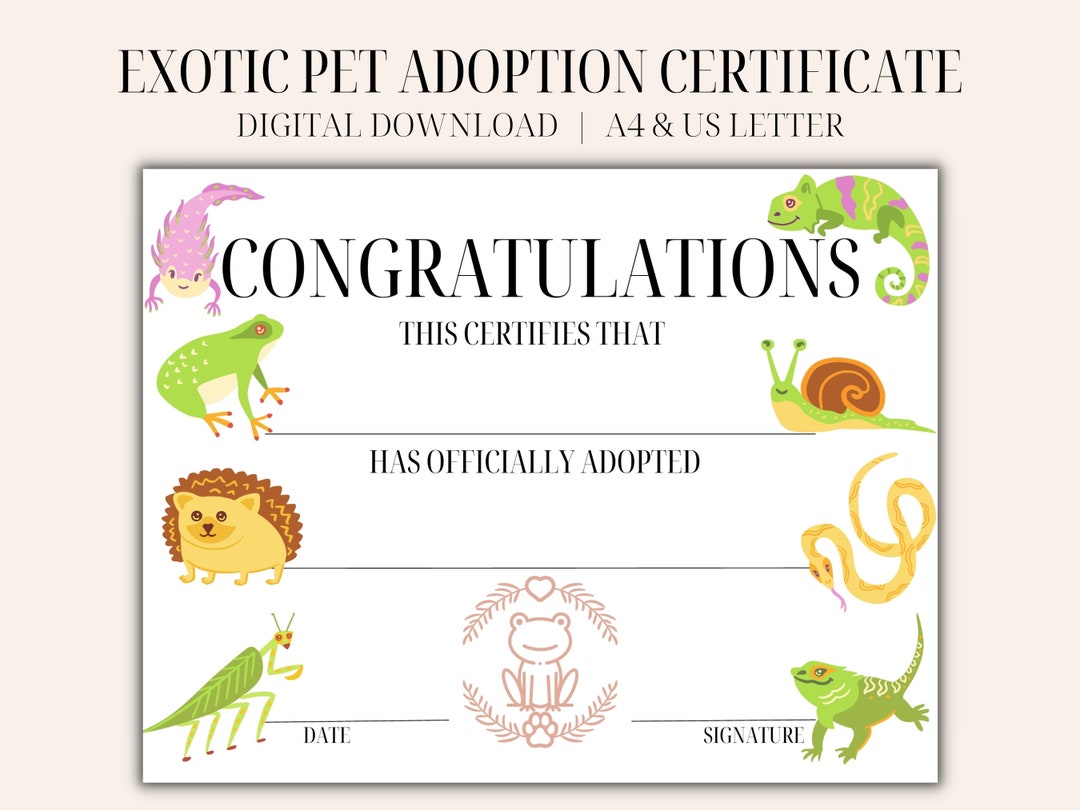 Exotic Pet Adoption Certificate, Digital Pet Certificate, Childrens ...