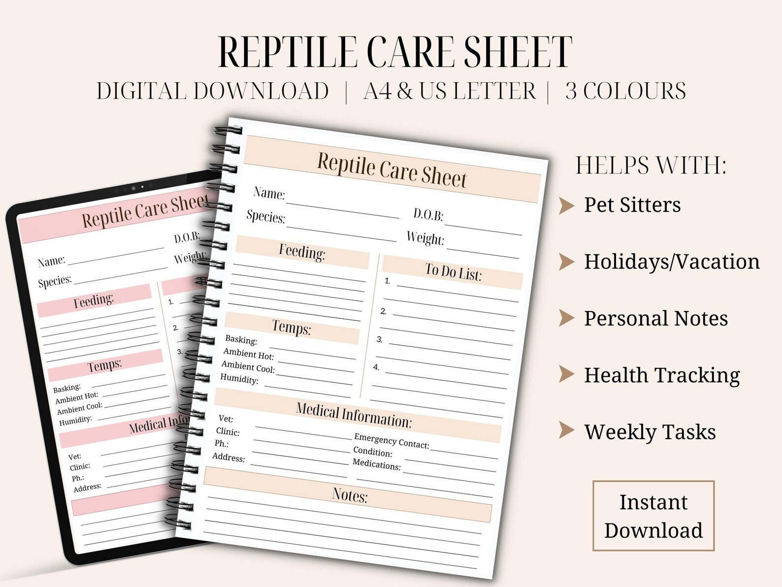 Reptile Care Sheet, Printable Pet Planner, Reptile Care Journal, Pet ...