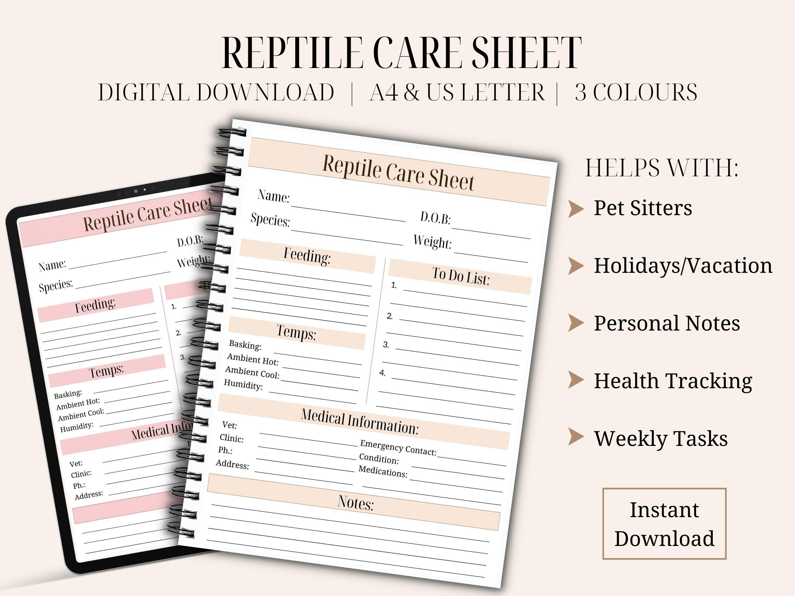 Reptile Care Sheet, Printable Pet Planner, Reptile Care Journal, Pet ...