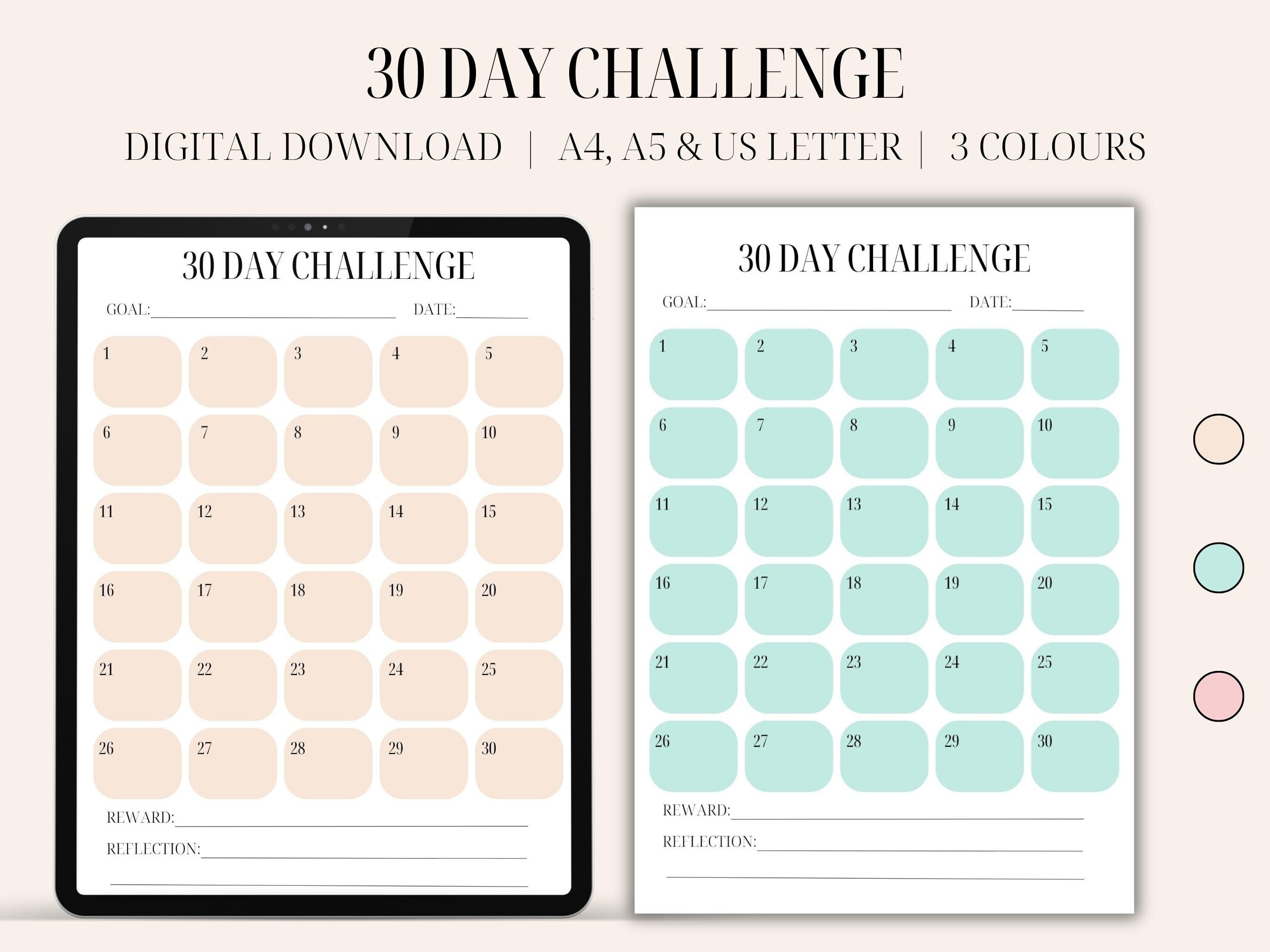 30 Day Challenge Printable, Digital 30 Day Goal Planner, Productivity ...