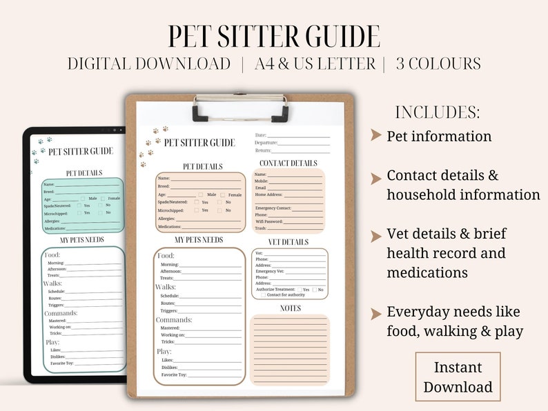 Pet Sitter Guide, Pet Care Instructions, Printable Dog Sitter Form, Pet ...