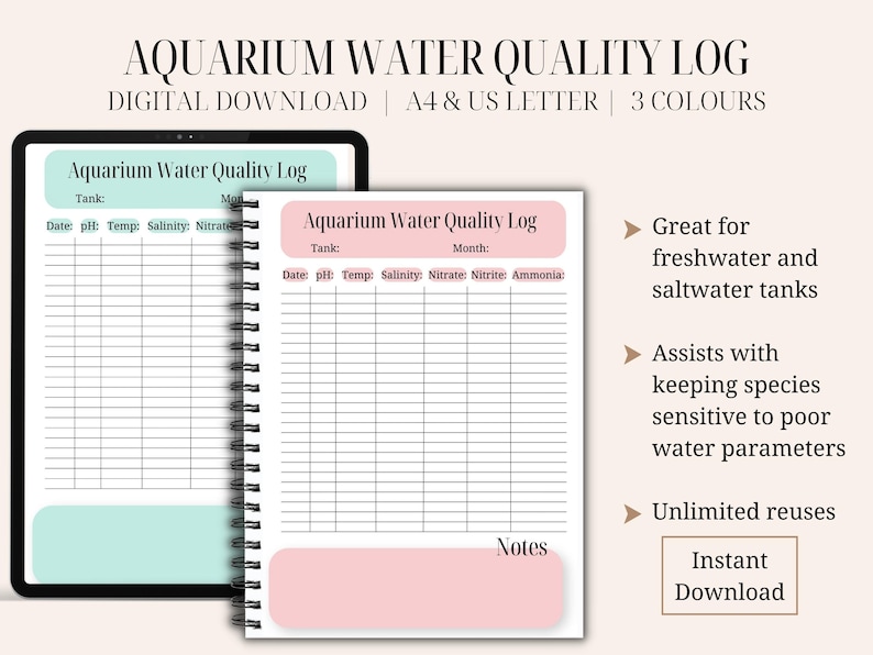 Aquarium Water Quality Log, Fish Care Health Tracker, Pet Maintenance ...