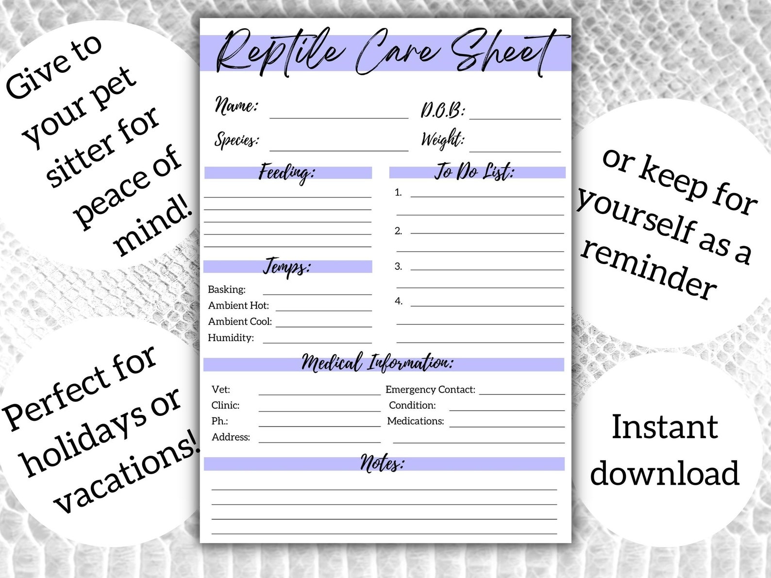 Reptile Care Sheet Printable Pet Planner Reptile Care - Etsy