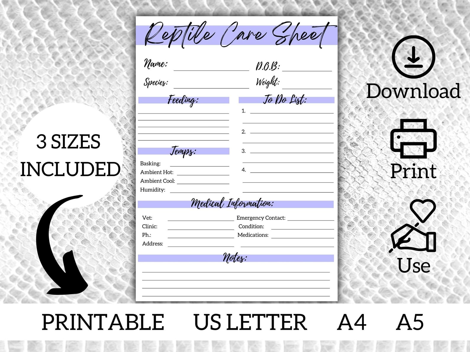 Reptile Care Sheet, Printable Pet Planner, Reptile Care Journal, Pet ...
