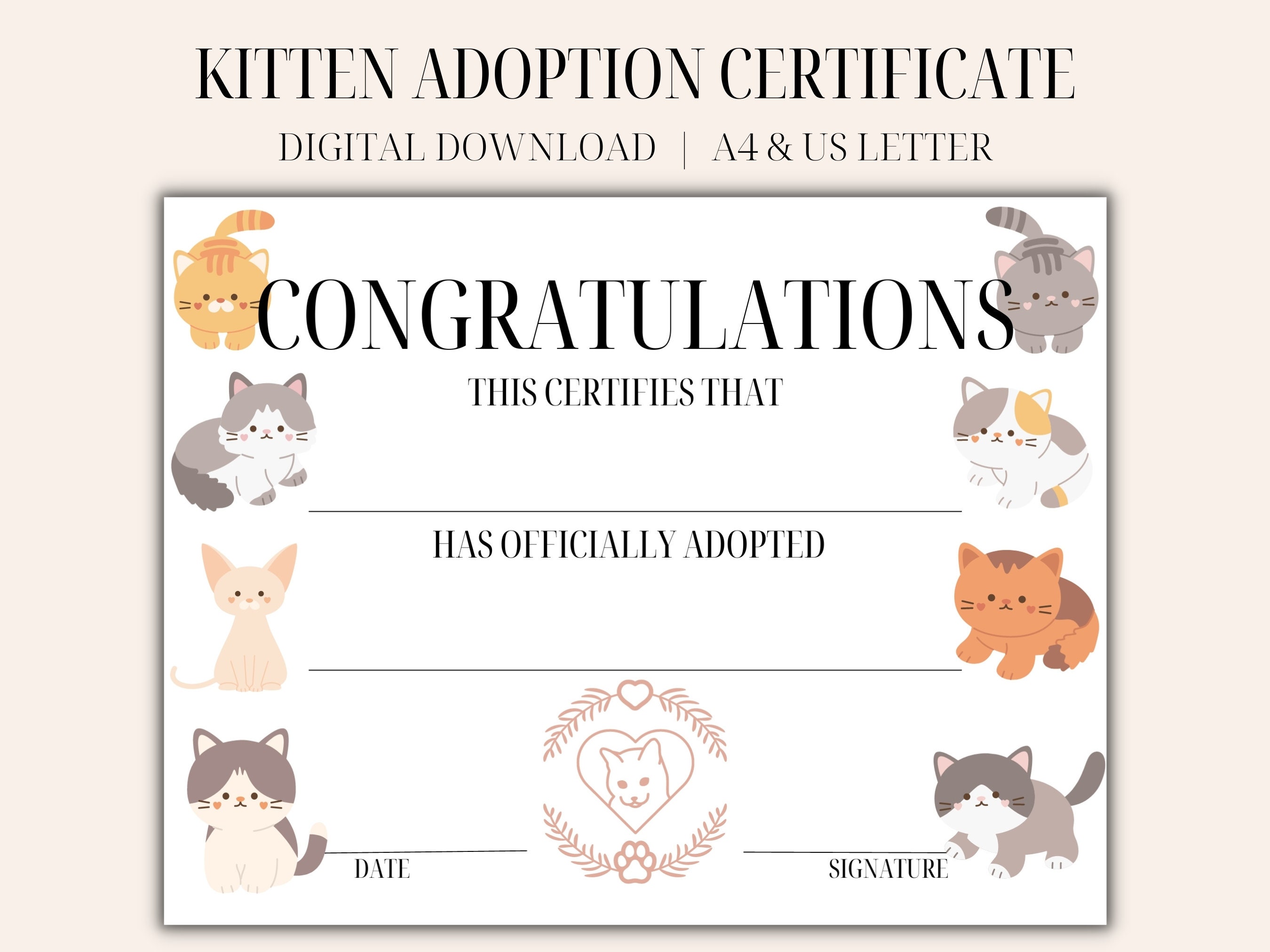 Kitten Adoption Certificate, Digital Cat Adoption Certificate, Kitten ...