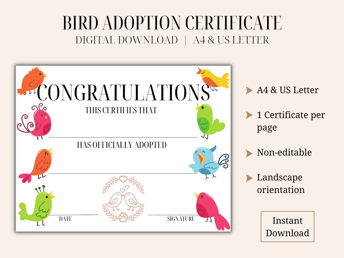 Bird Adoption Certificate, Digital Pet Bird Certificate, Childrens ...