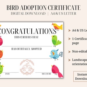 Bird Adoption Certificate, Digital Pet Bird Certificate, Childrens ...