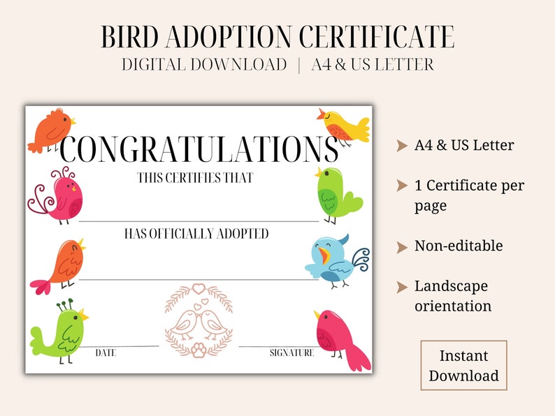 Bird Adoption Certificate, Digital Pet Bird Certificate, Childrens ...