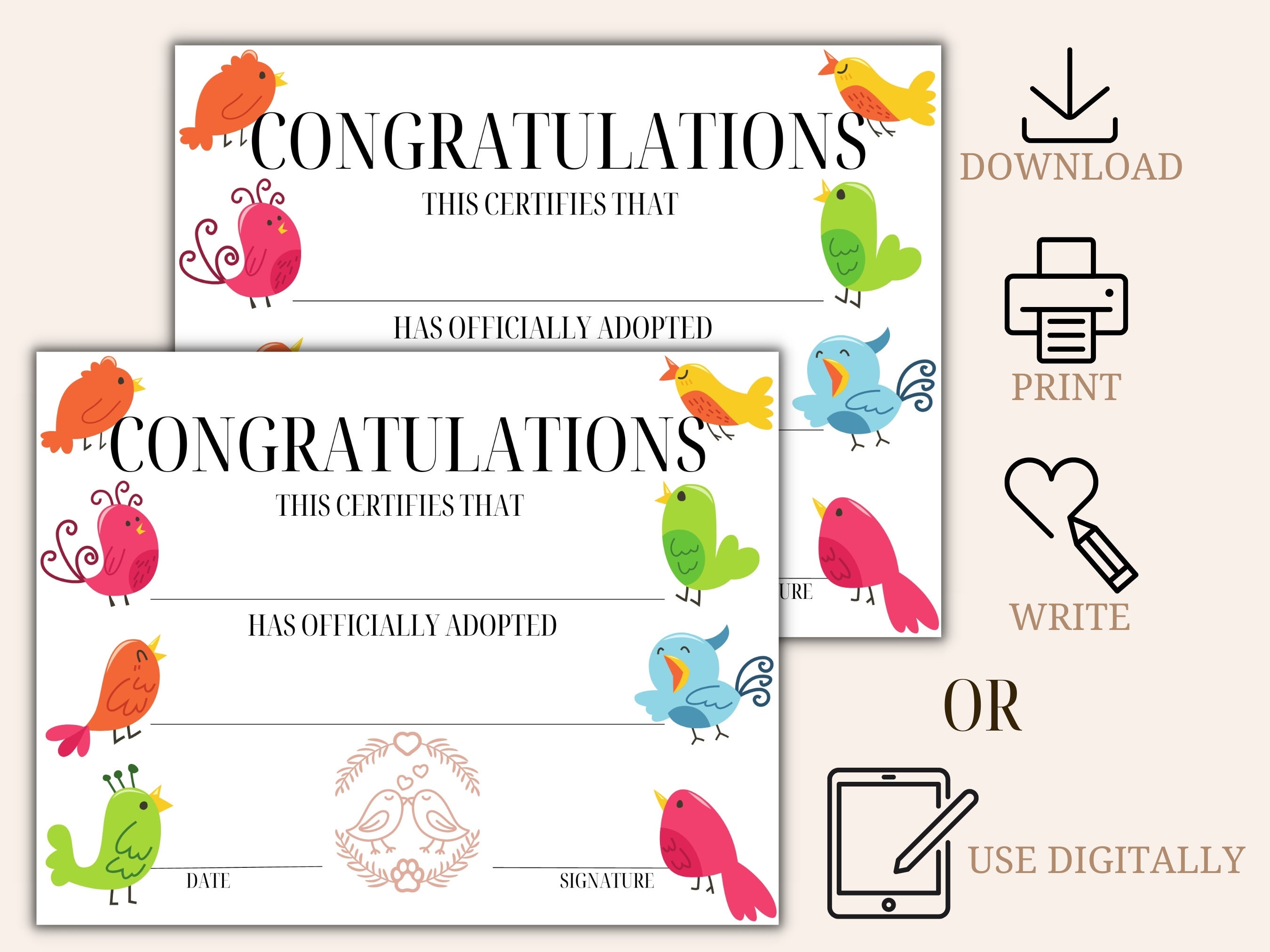 Bird Adoption Certificate, Digital Pet Bird Certificate, Childrens ...