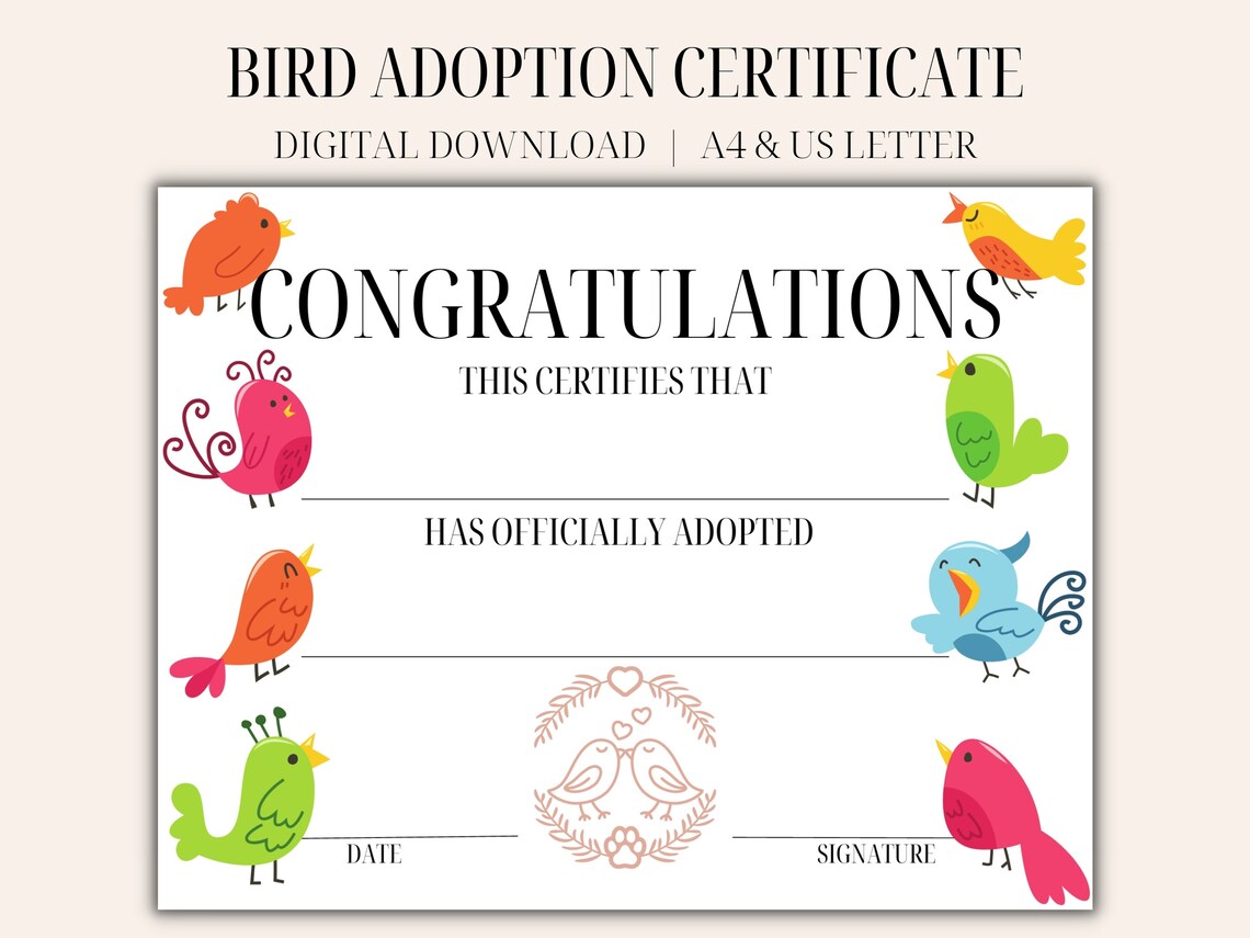 Bird Adoption Certificate, Digital Pet Bird Certificate, Childrens ...