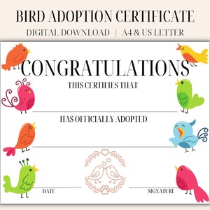 Bird Adoption Certificate, Digital Pet Bird Certificate, Childrens ...